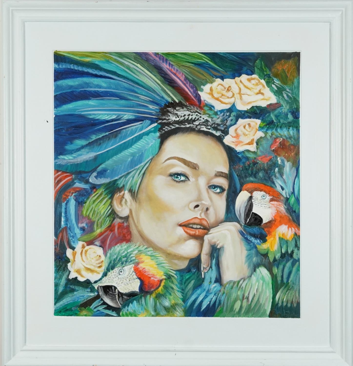 Clive Fredriksson | Female amongst parrots and roses | MutualArt