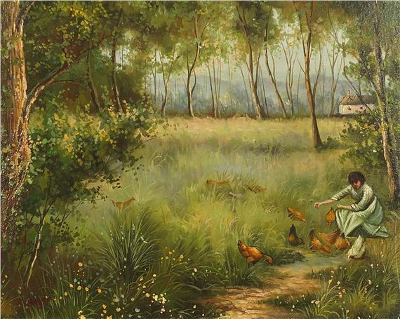 George A. Boyle | Female feeding chickens before trees | MutualArt