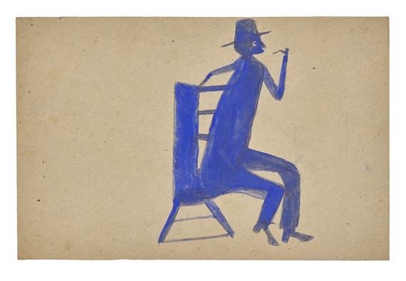 Bill Traylor | Man in a Blue Chair with a Pipe | MutualArt