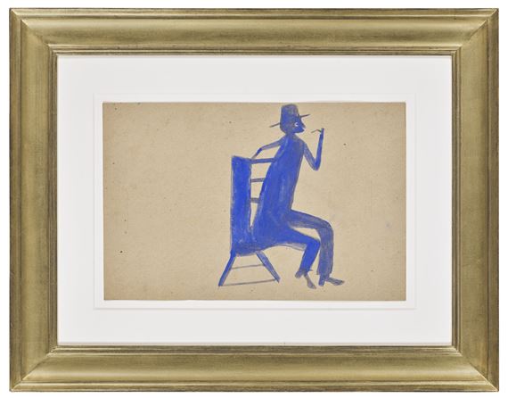 Bill Traylor | Man in a Blue Chair with a Pipe | MutualArt