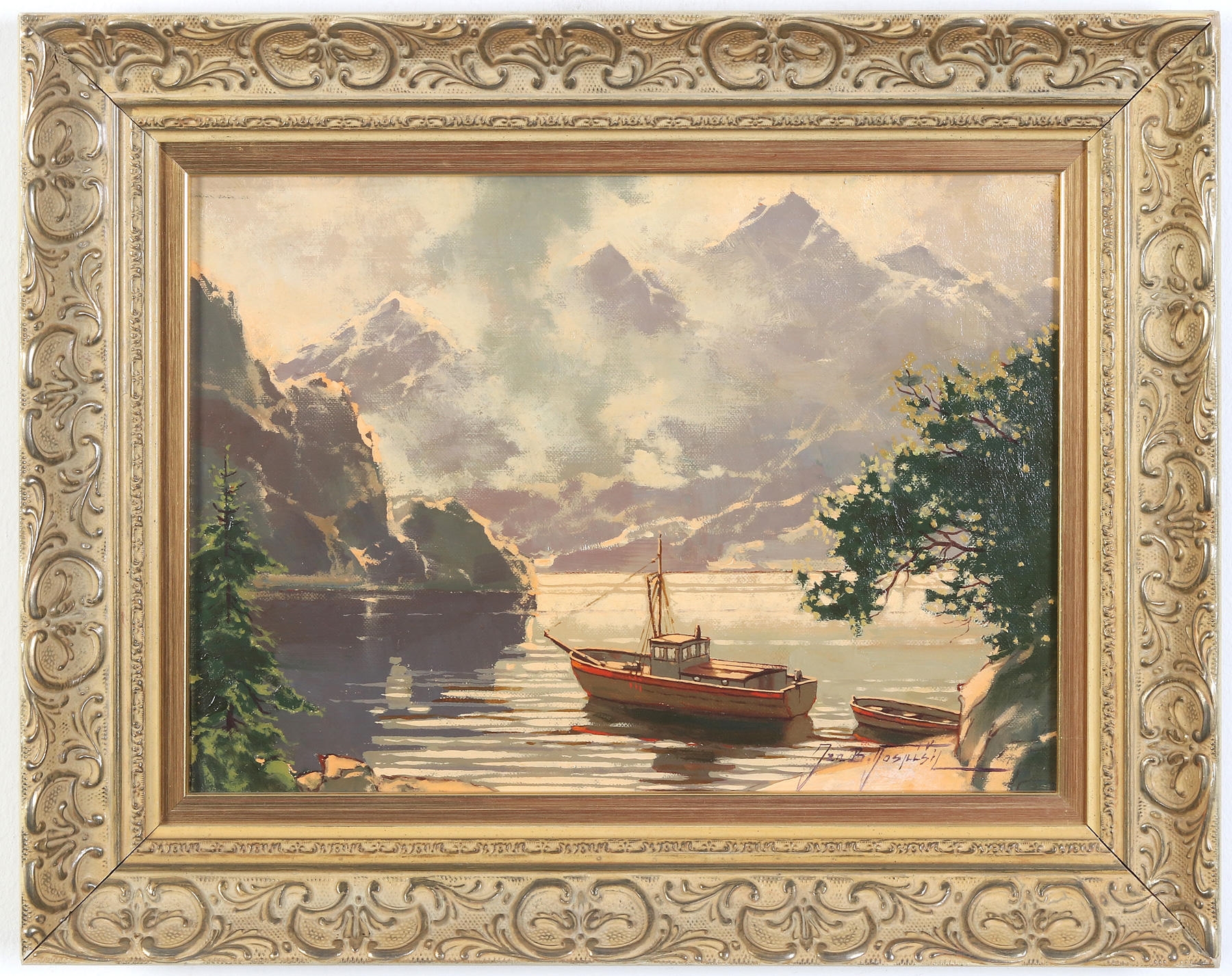 Jan Pospisil | Fjordlandskap med fiskebåt i förgrunden | MutualArt