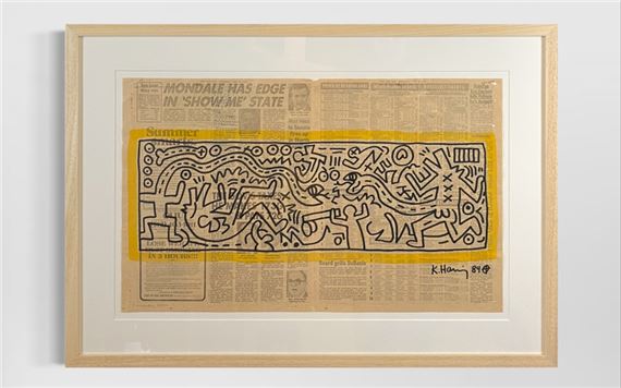 Keith Haring | Originele Tekening op Krant (1984) | MutualArt