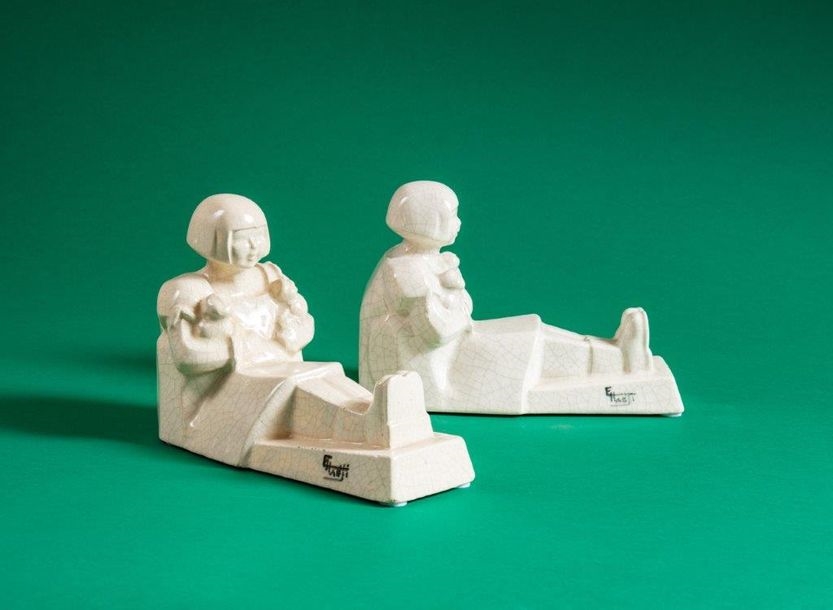 El Hadji Sy | Young girls holding their dolls Pair of bookend | MutualArt