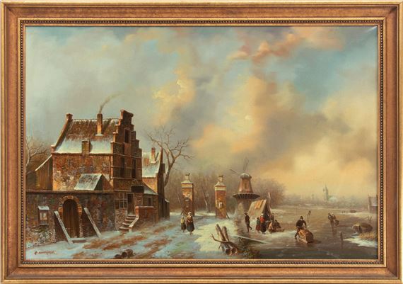 G. Schroter | G. Schroter Oil On Canvas, Winter Village Scene, H 24'' W ...