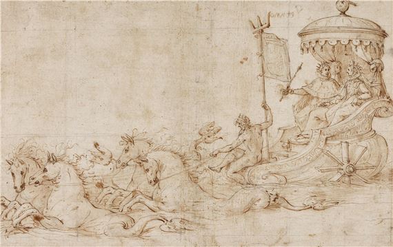German School, 17th Century | Neptune driving a chariot with two noble ...