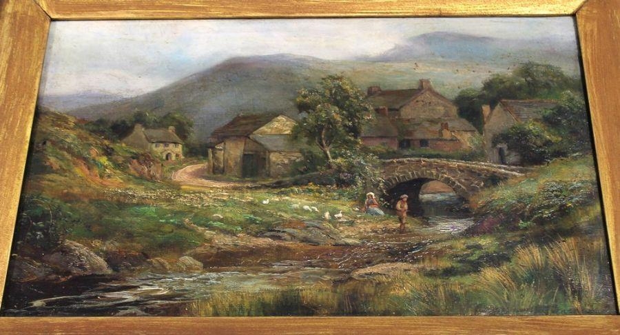 William Lakin Turner | Figures at bridge with village and landscape ...