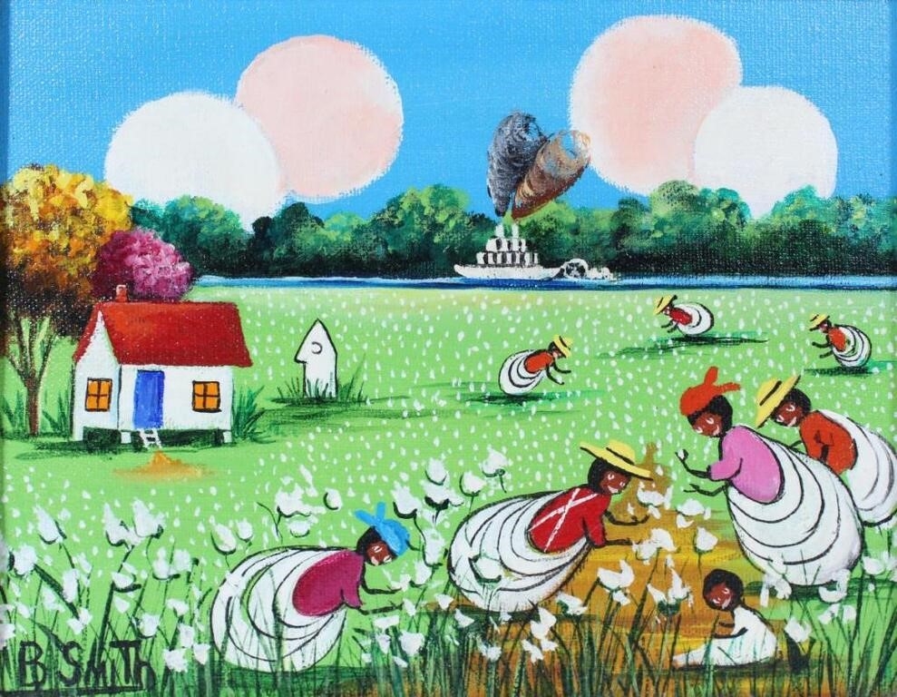 Beatrice Smith | Cotton pickers in a field with a riverboat in the ...