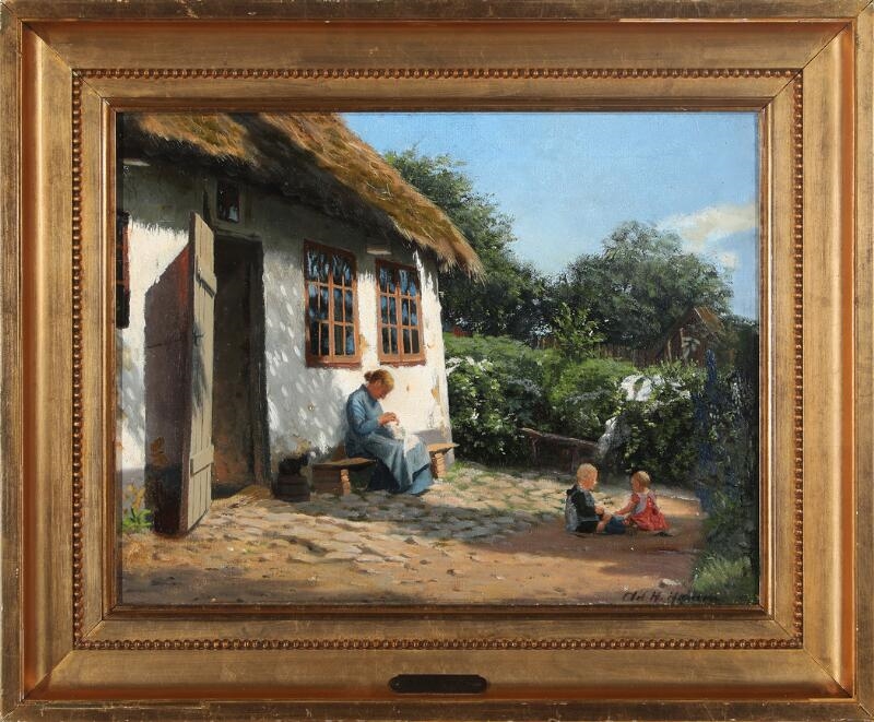 Adolf Heinrich Claus Hansen | Courtyard exterior with a woman and two ...