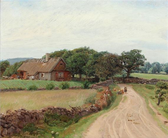 Joakim Skovgaard | Children playing near a farmhouse (1890) | MutualArt