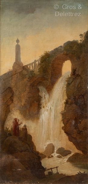 Hubert Robert | Animated landscape with a waterfall 155 x 75 cm | MutualArt