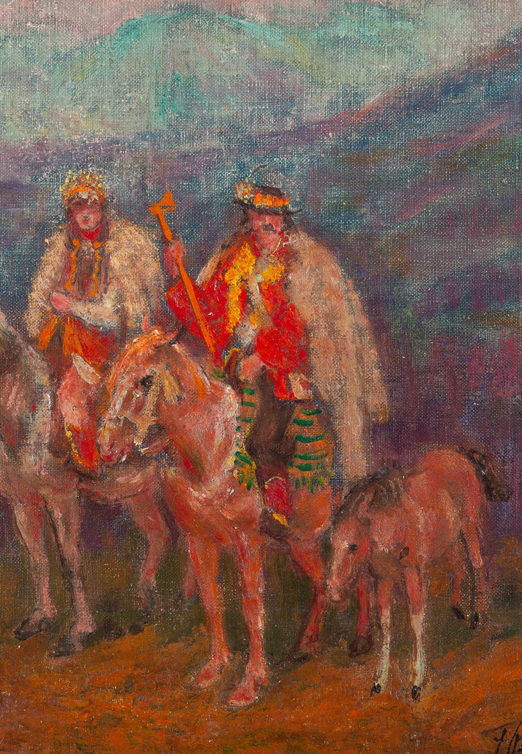 Fryderyk Pautsch | Hutsul young couple oil/canvas mounted on paperboard ...