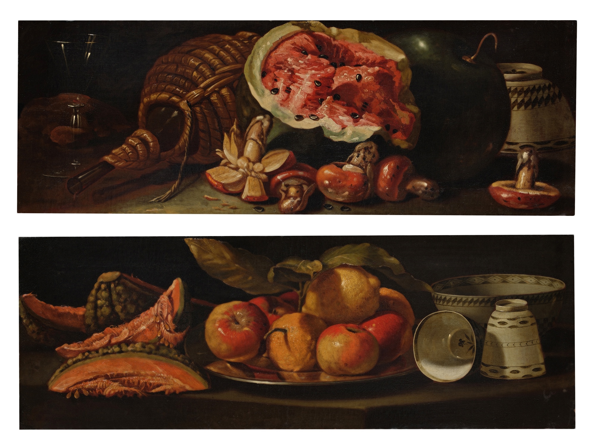Cristoforo Munari | Still life with a wine glass, open cask, watermelon, and mushrooms; Still ...