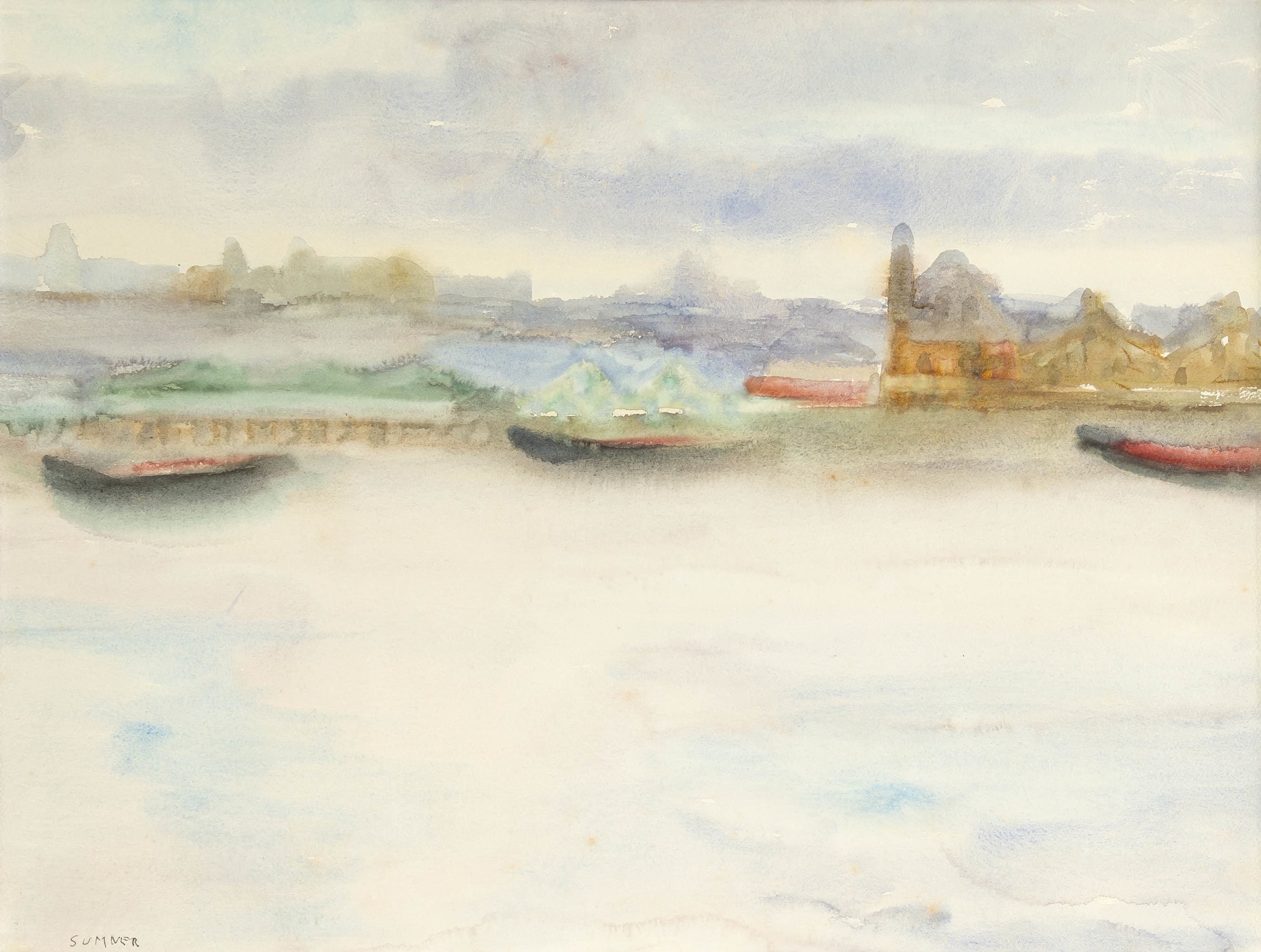 Maud Frances Eyston Sumner | Thames Misty Golds and Barges | MutualArt