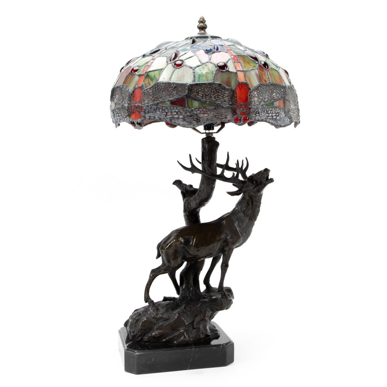 Tiffany Studios | BRONZE STAG TABLE LAMP WITH STAINED GLASS SHADE ...