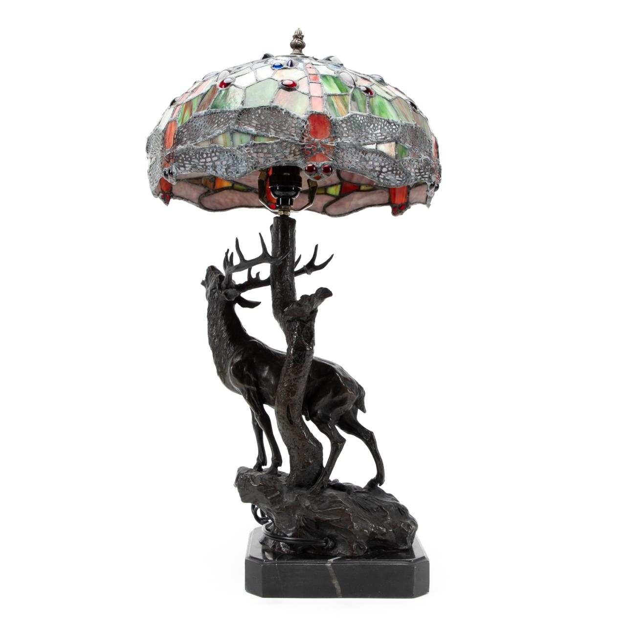 Tiffany Studios | BRONZE STAG TABLE LAMP WITH STAINED GLASS SHADE ...
