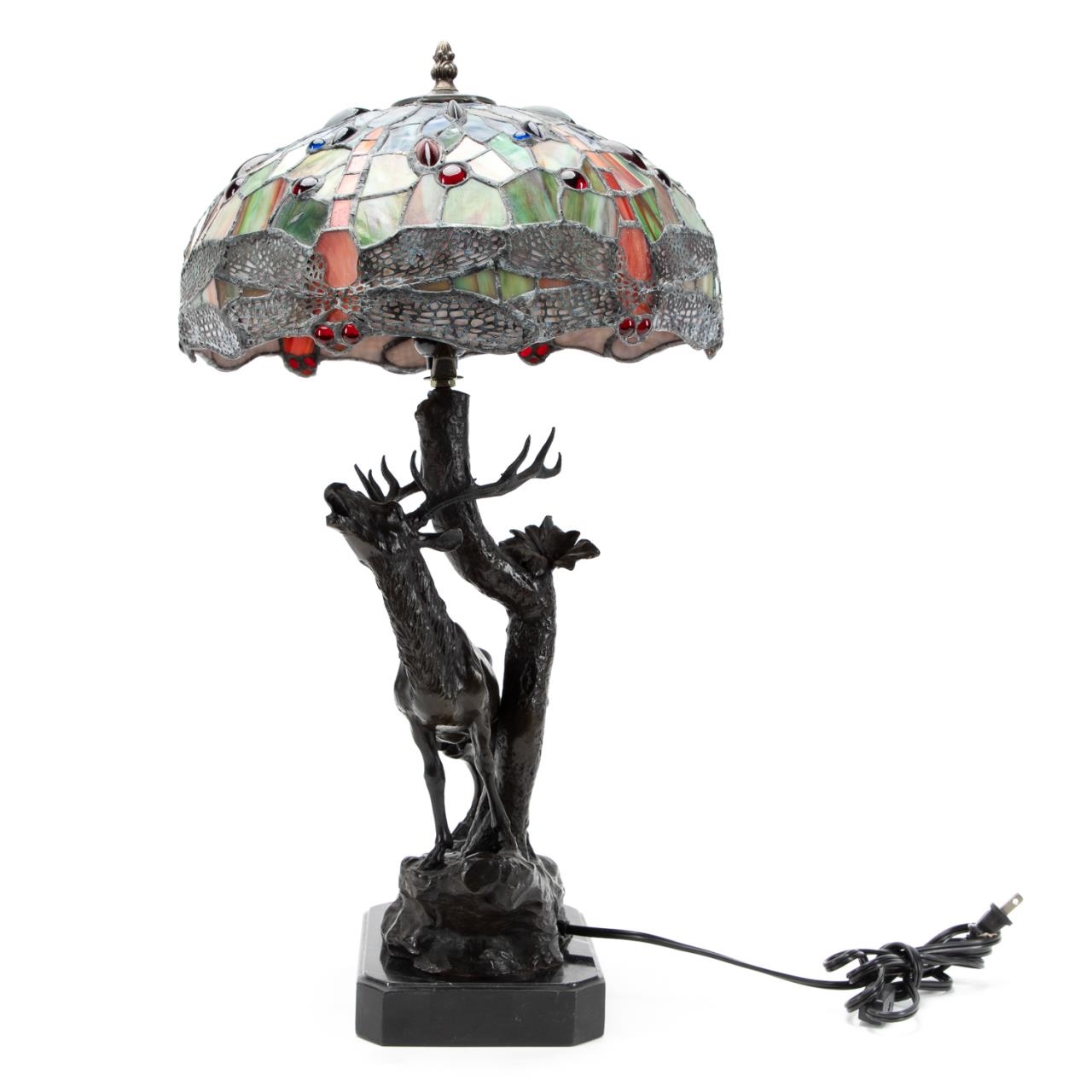 Tiffany Studios | BRONZE STAG TABLE LAMP WITH STAINED GLASS SHADE ...