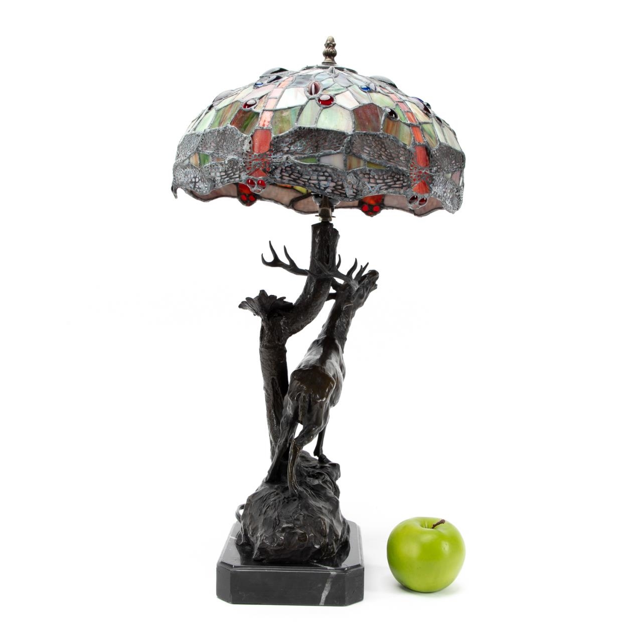 Tiffany Studios | BRONZE STAG TABLE LAMP WITH STAINED GLASS SHADE ...
