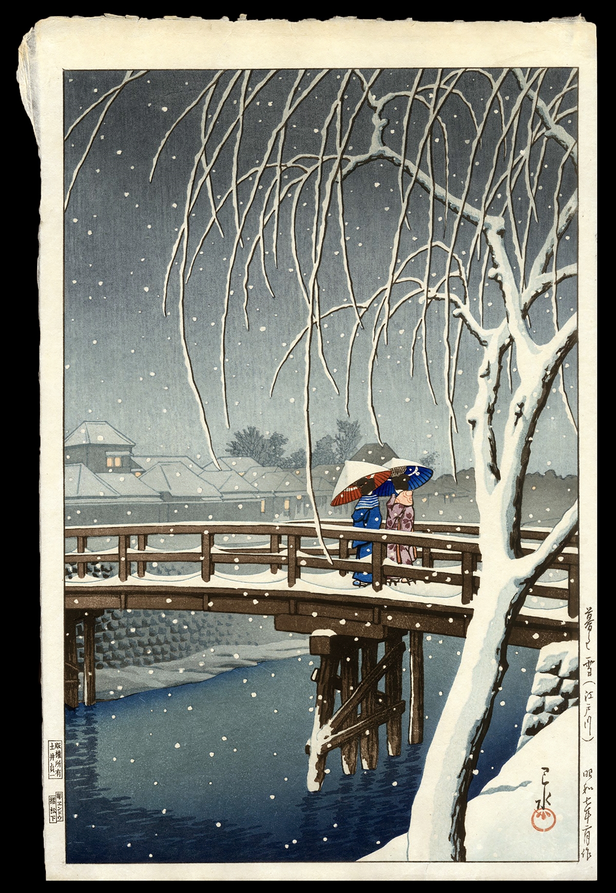 Hasui Kawase | Kawase Hasui - Evening Snow, Edo River (1932) | MutualArt