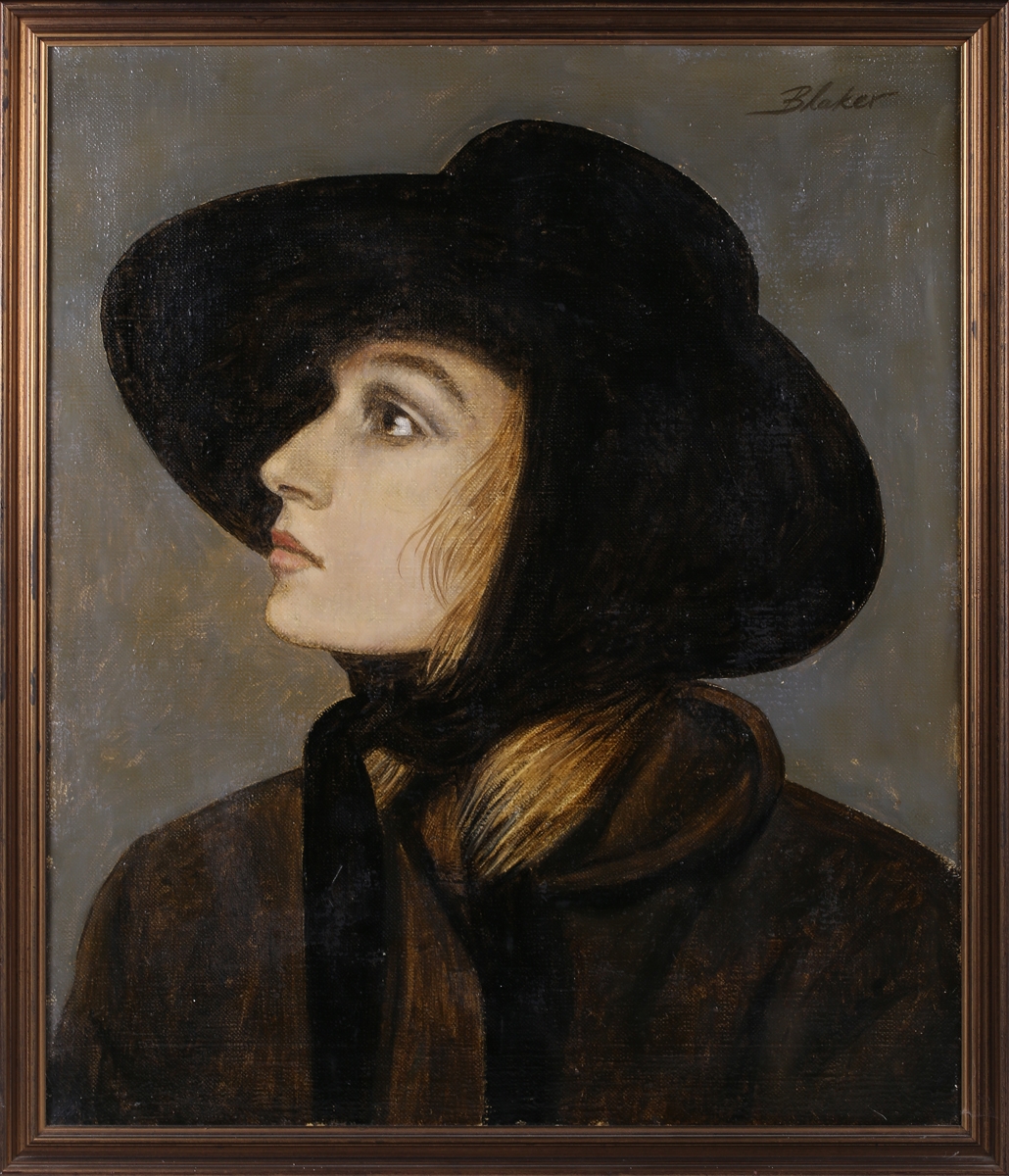 Michael Blaker | Half Length Profile Portrait of a Lady wearing a Black Wide-brimmed Hat (20th ...