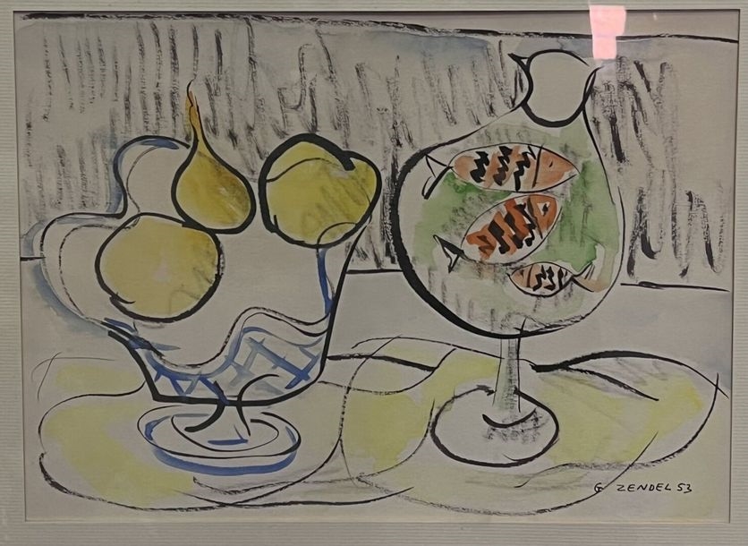 Gabriel Zendel | Still life with fruits and fish India ink and ...