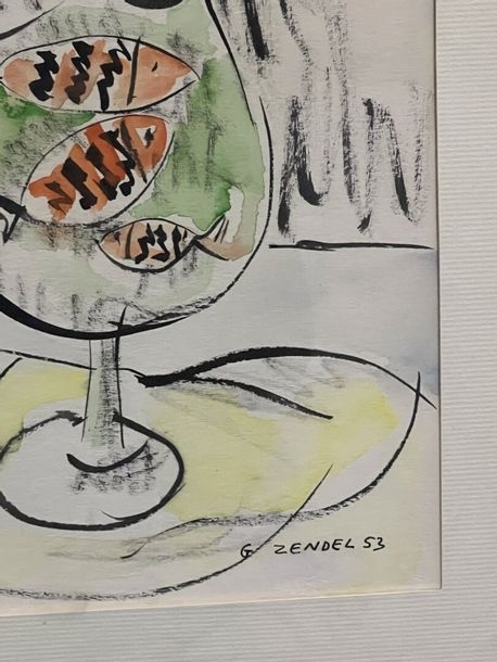 Gabriel Zendel | Still life with fruits and fish India ink and ...