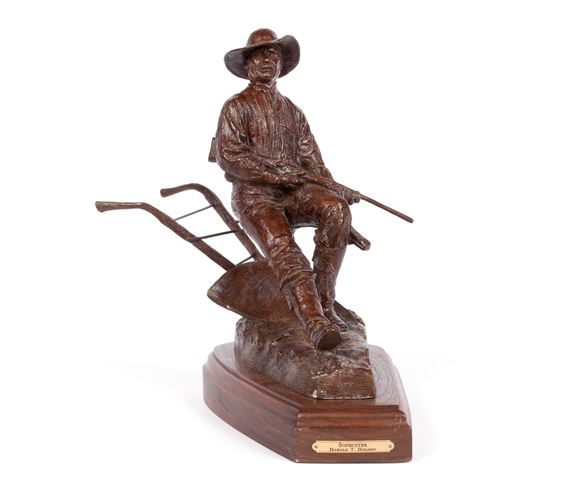 Harold Holden | A farmer with rifle seated on plow (1940) | MutualArt