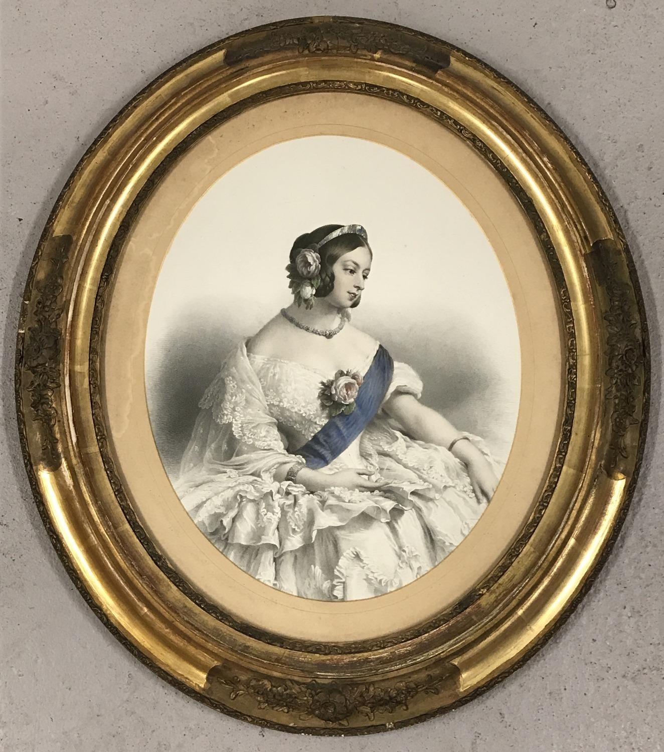 Queen Victoria | A oval gilt framed antique coloured engraving of a ...