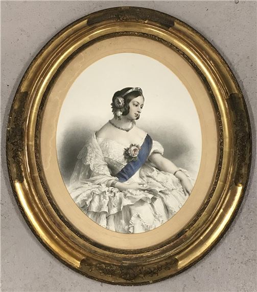 Queen Victoria | A oval gilt framed antique coloured engraving of a ...