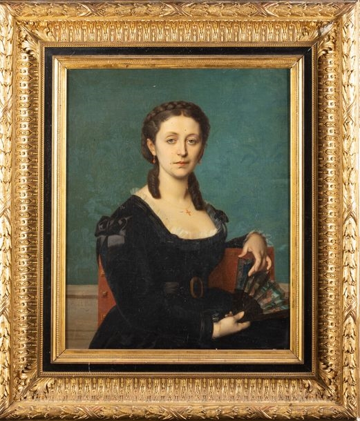 Auguste de la Brely | Portrait of a woman with a fan and black dress ...