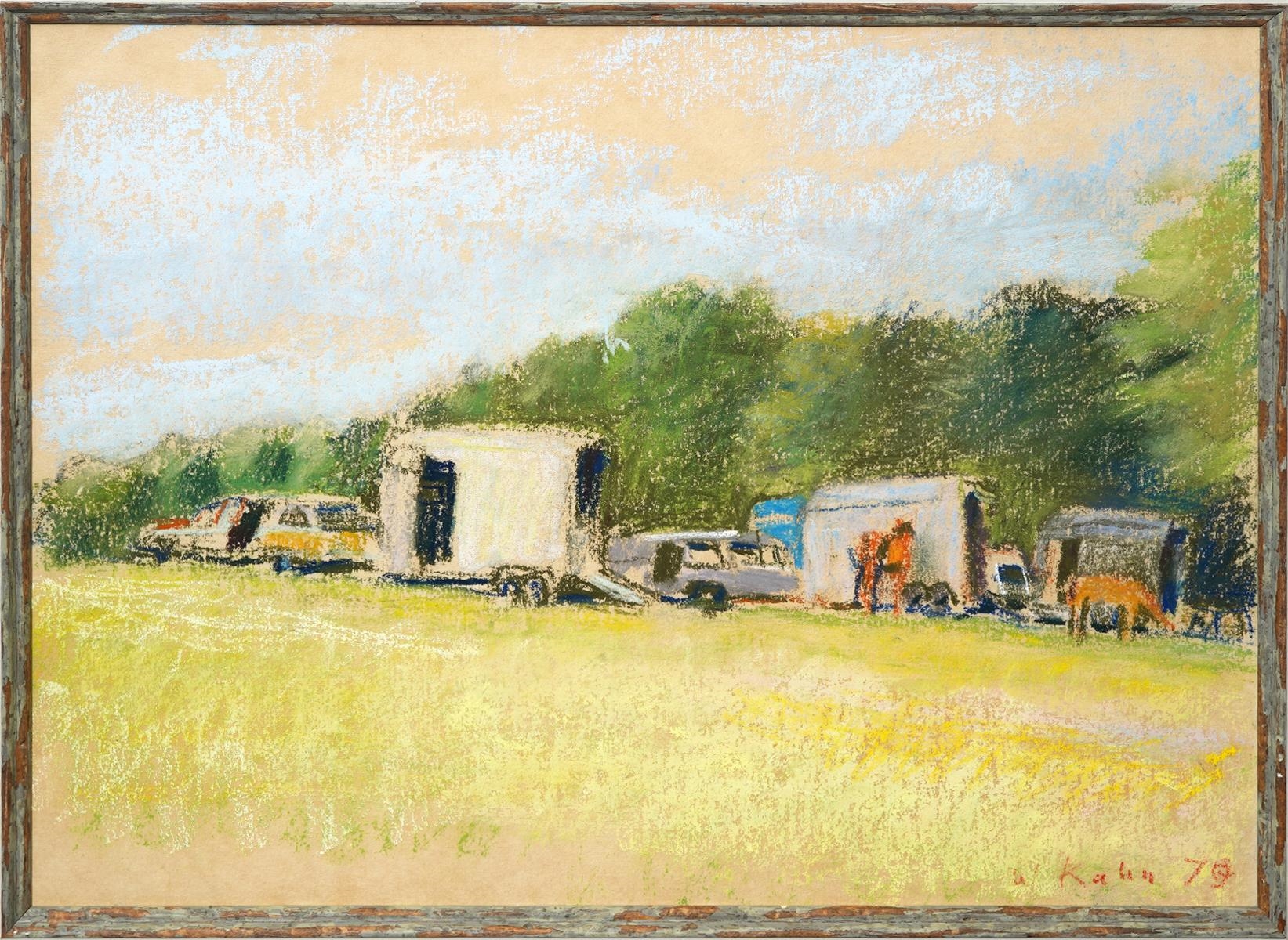 Wolf Kahn | Wolf Kahn Pastel Painting 'Horse Trailers' 1979 | MutualArt