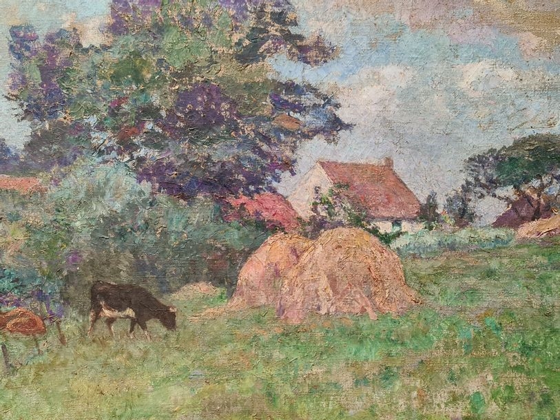 Anna Boch | Meadows with hay and cows (1889) | MutualArt