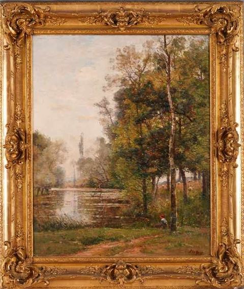 Louis-Aimé Japy | Jeune berger près d'un étang Huile sur toile signée ...