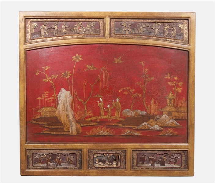 Chinese School | Carved red Chinese gilded panel with red center hand ...