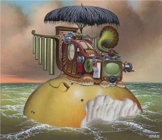 Jacek Yerka | SMARTFON ANALOGOWY NA BEZLUDNYM JABŁKU (2022) | MutualArt