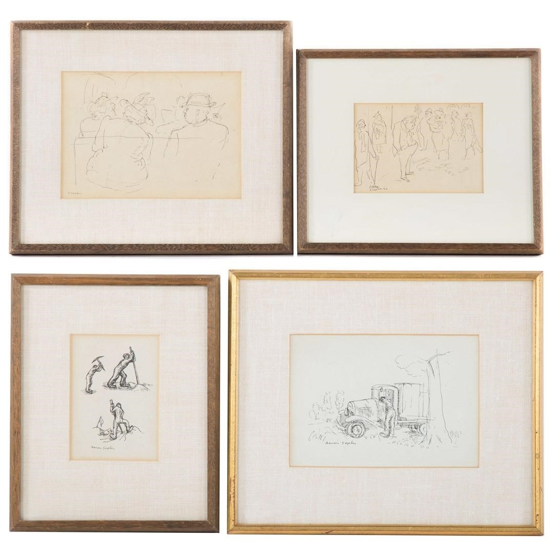 Aaron Sopher | Four assorted framed drawings.subjects include: man with ...
