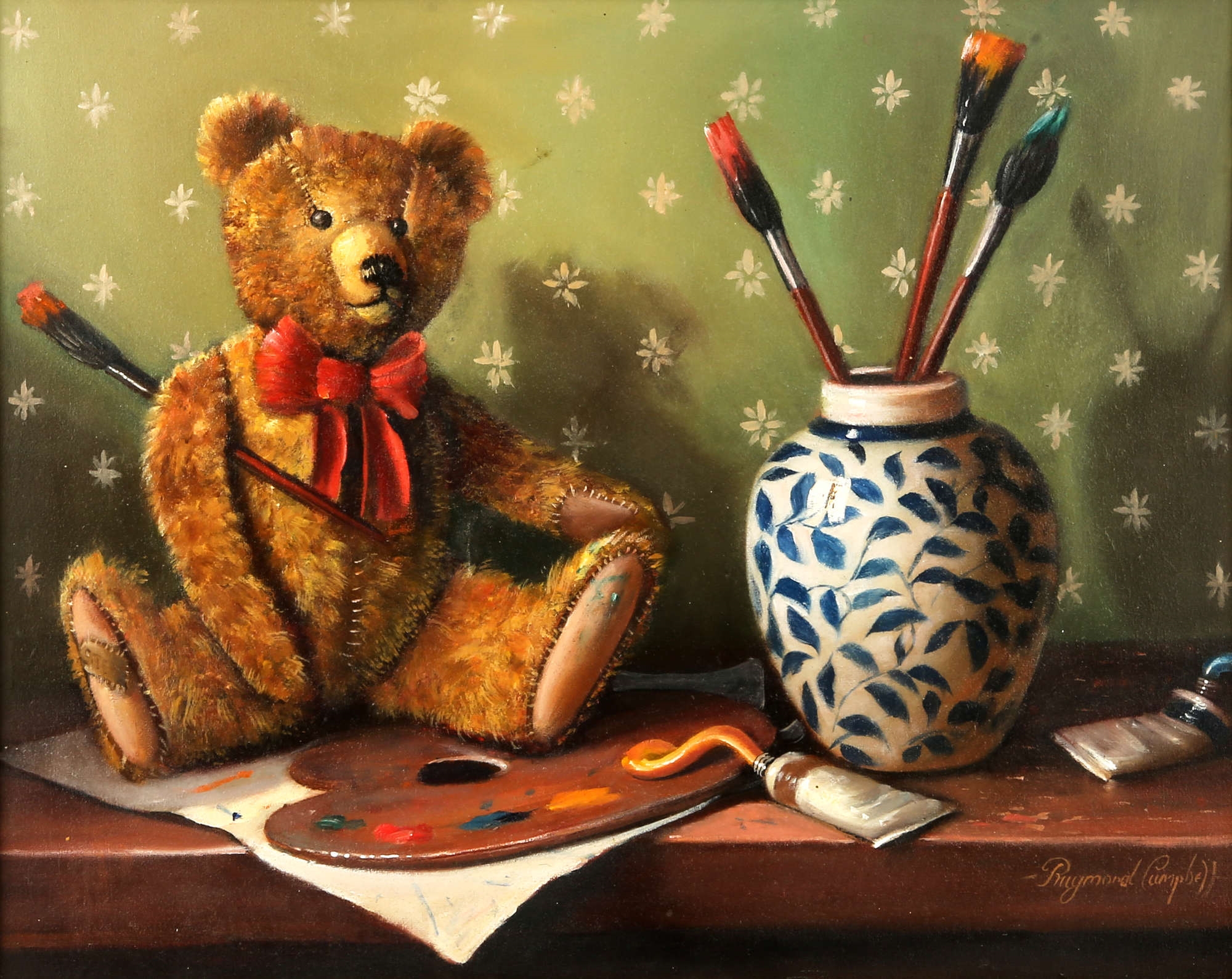 Raymond Campbell | Still life with teddy bear and paint brushes | MutualArt