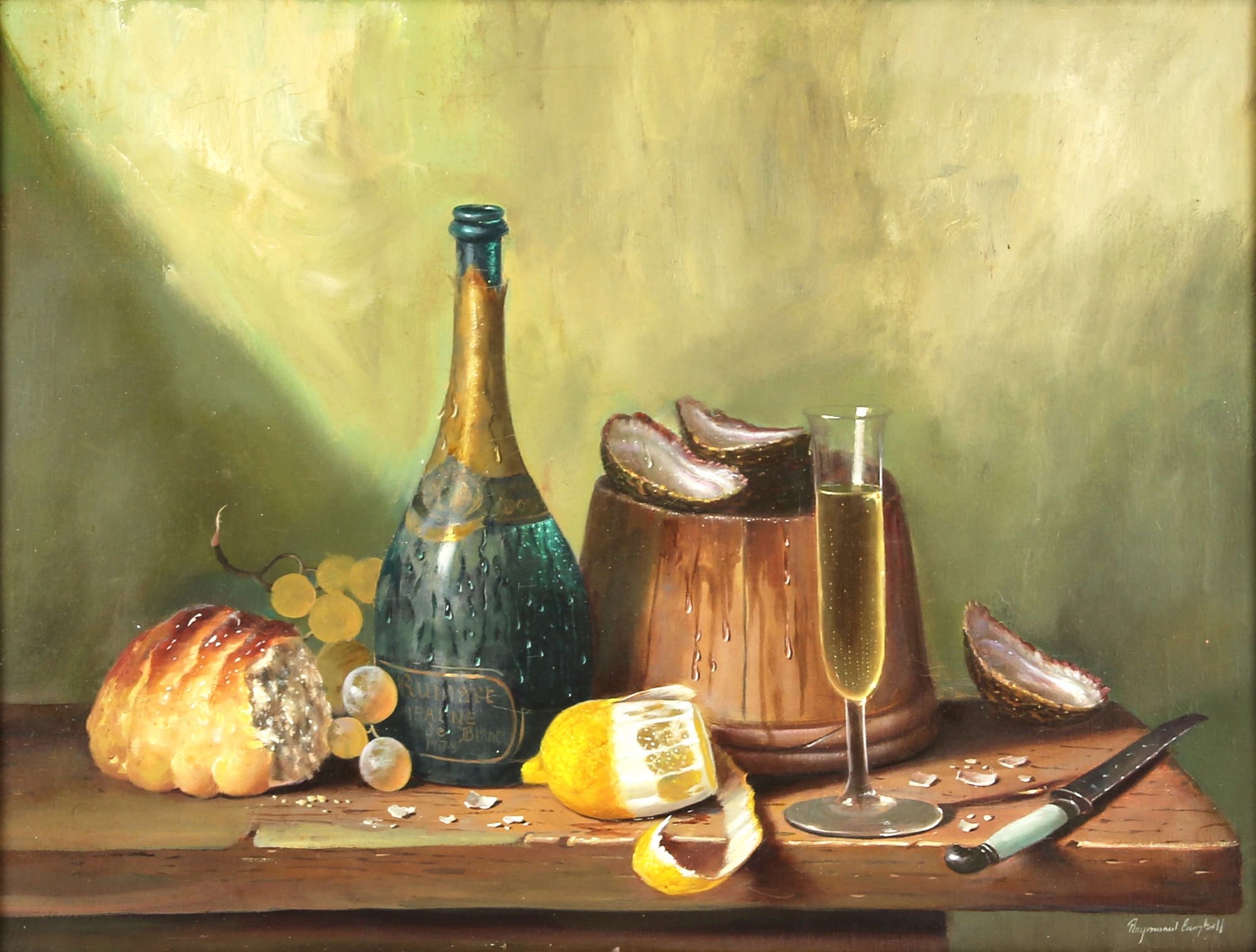 Raymond Campbell | Still life with champagne bottle and oysters | MutualArt