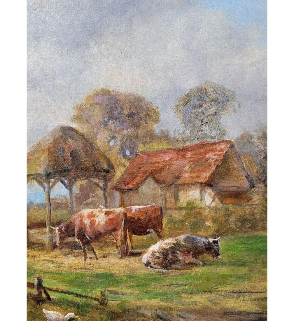 Claude Cardon | British-Claude Cardon Oil On Canvas Landscape Farm Scene Paintings Cows Dog ...
