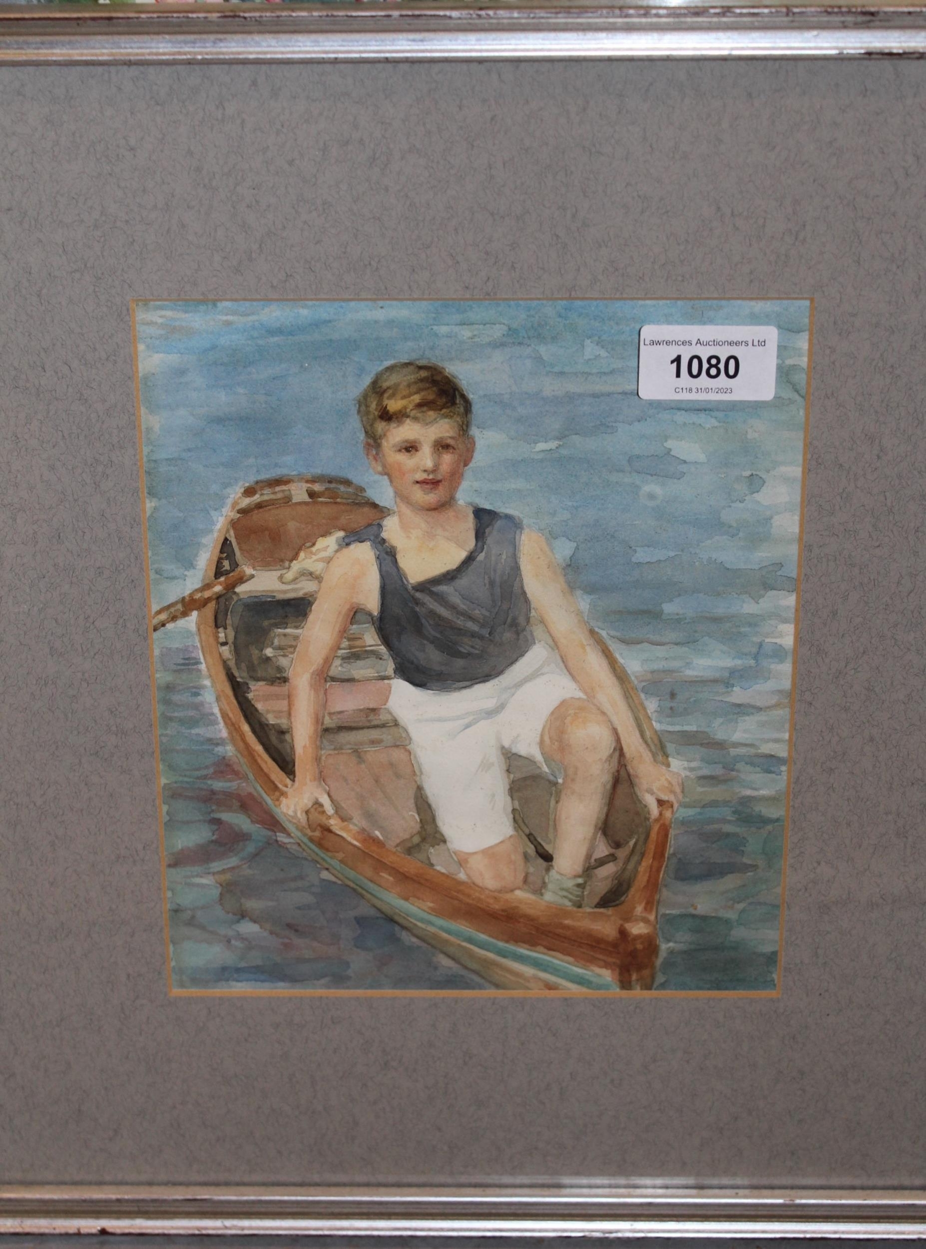 Henry Scott Tuke | watercolour study of a boy in an open boat | MutualArt