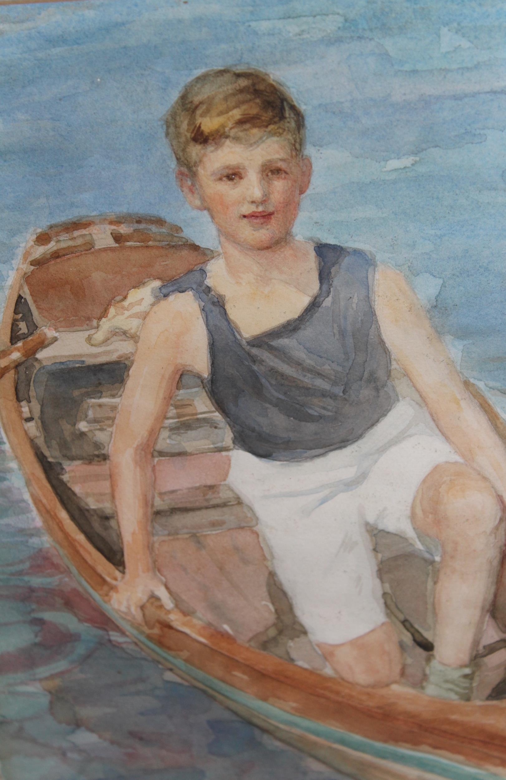 Henry Scott Tuke | watercolour study of a boy in an open boat | MutualArt