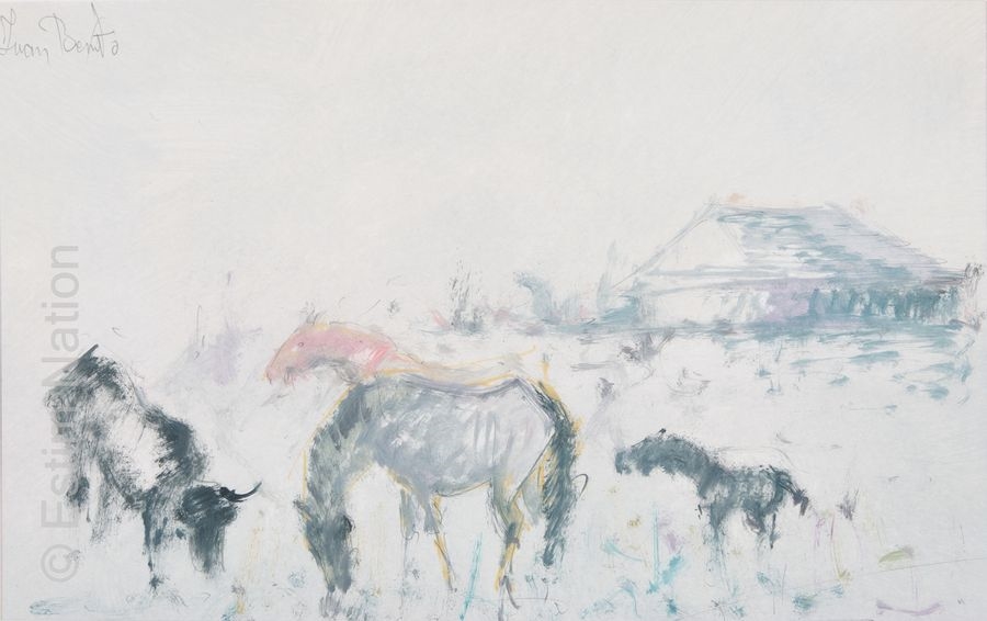 Juan Benito | Juan BENITO (1944) Voilier à marée basse Chevaux et taureau dans un paysage Deux ...
