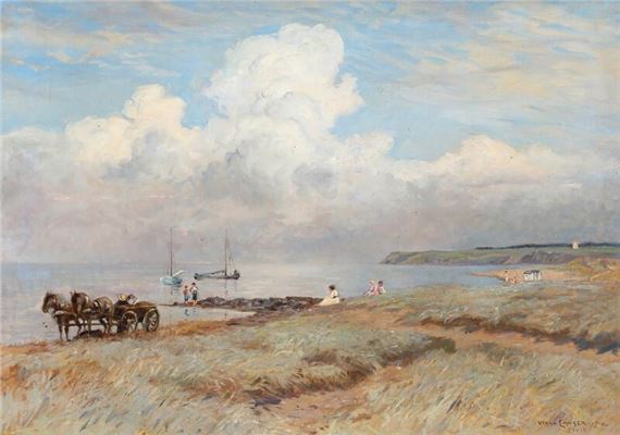 Olaf Viggo Peter Langer | Coastal view from Strib with a carriage and ...
