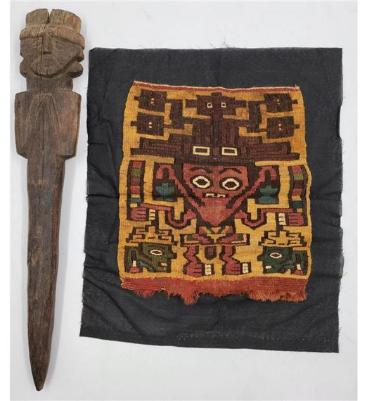 Unknown | A Pre Colombian Chimu Textile And Carved Wooden Figure ...