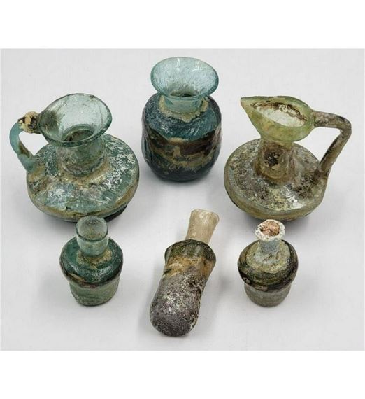 Unknown | A Grouping Of 6 Ancient Roman Glass Vessels, Various Sizes ...
