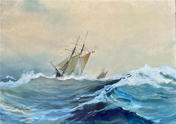 Leon Haffner | Boats on rough sea Original gouache | MutualArt