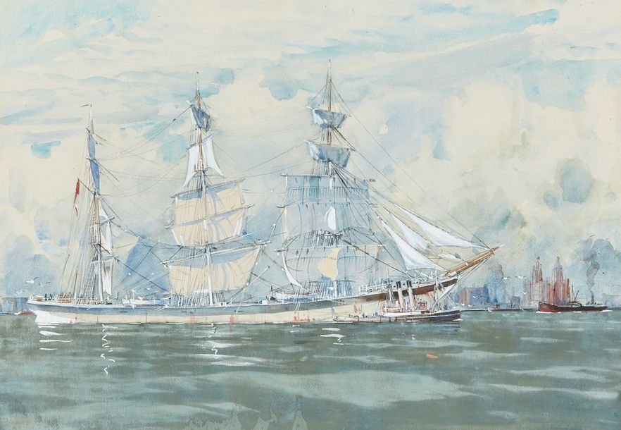 Marin-Marie | Three-masted barque and tugboat Watercolor gouache ...