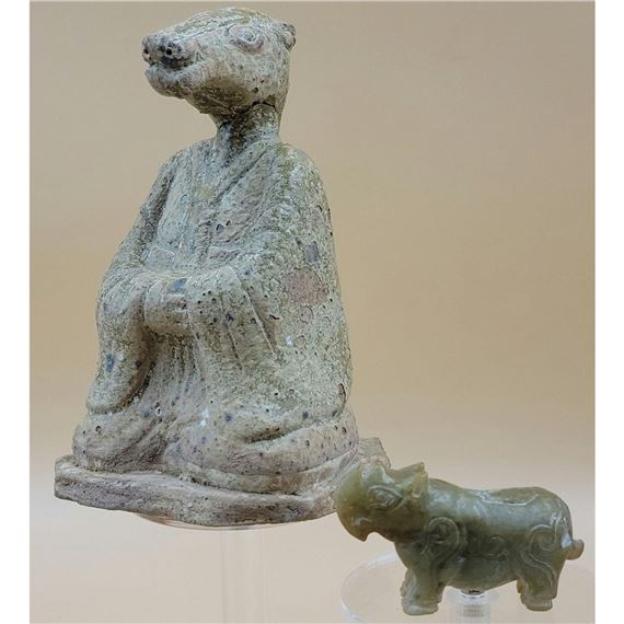 Unknown | A Han terracotta Zodiac sheep & jade Rhino w Glyphs. | MutualArt