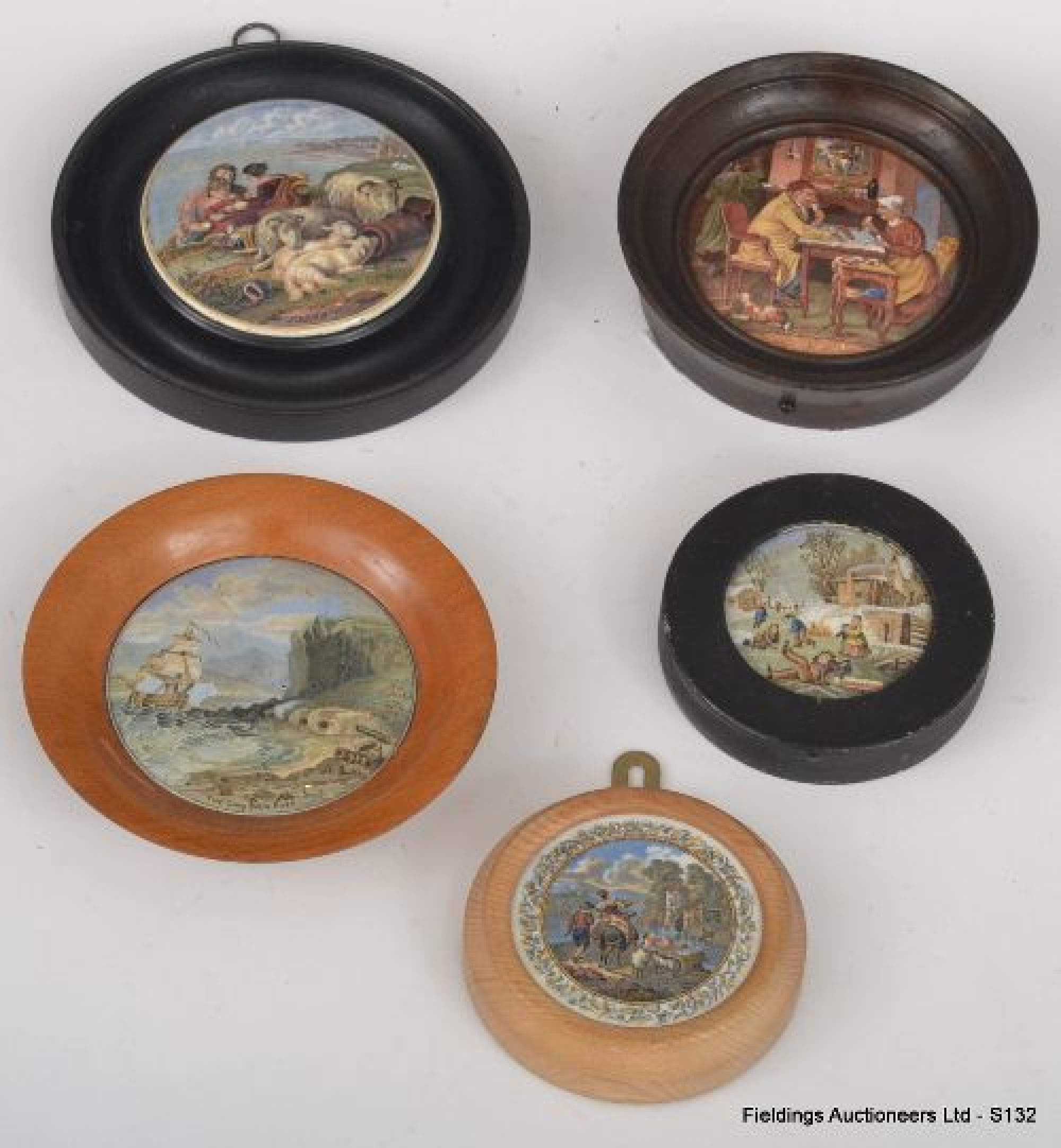 Unknown | Five assorted 19th Century Staffordshire Prattware pot lids ...