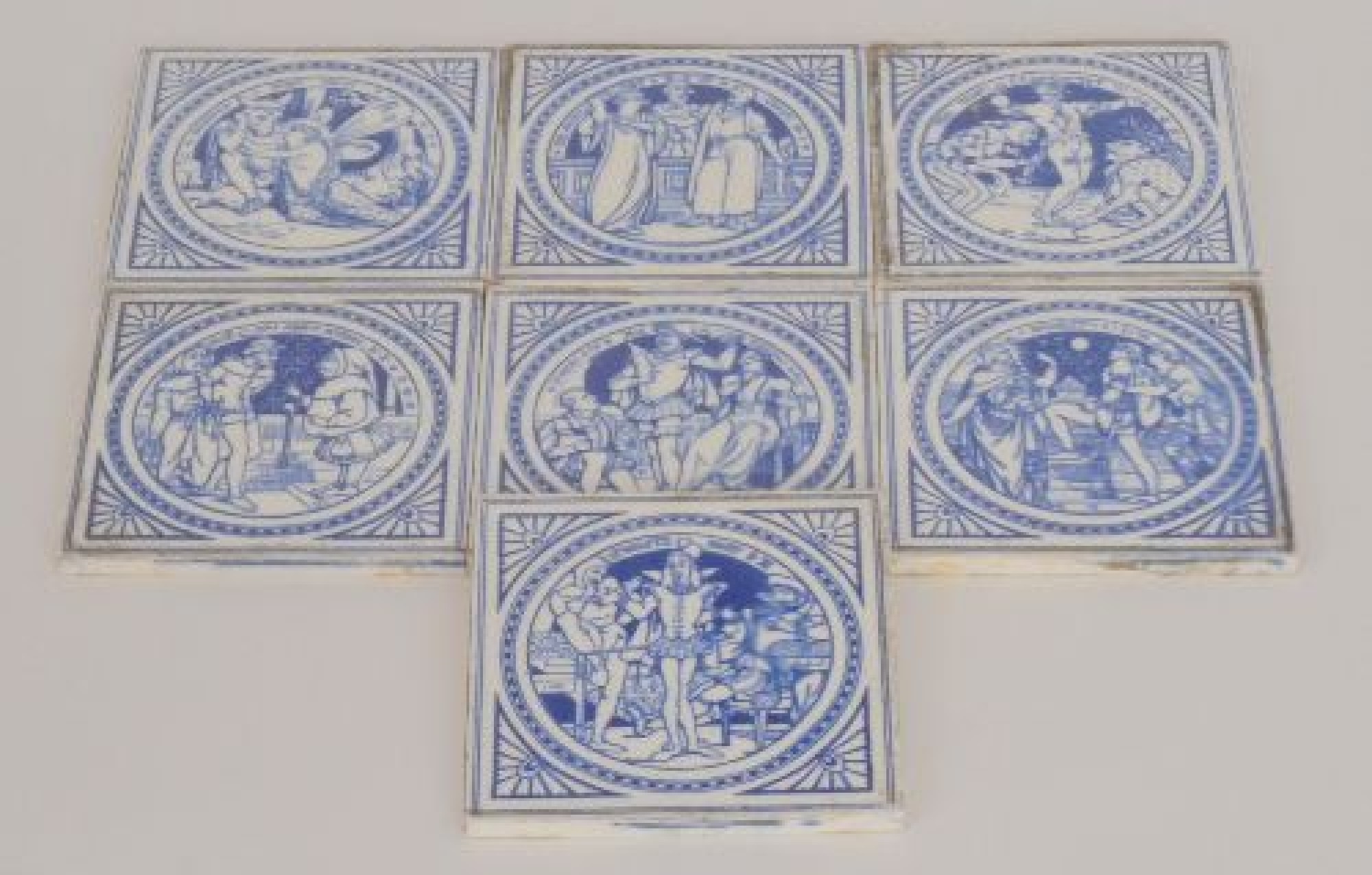 John Moyr Smith | Seven Mintons tiles decorated with blue and white ...