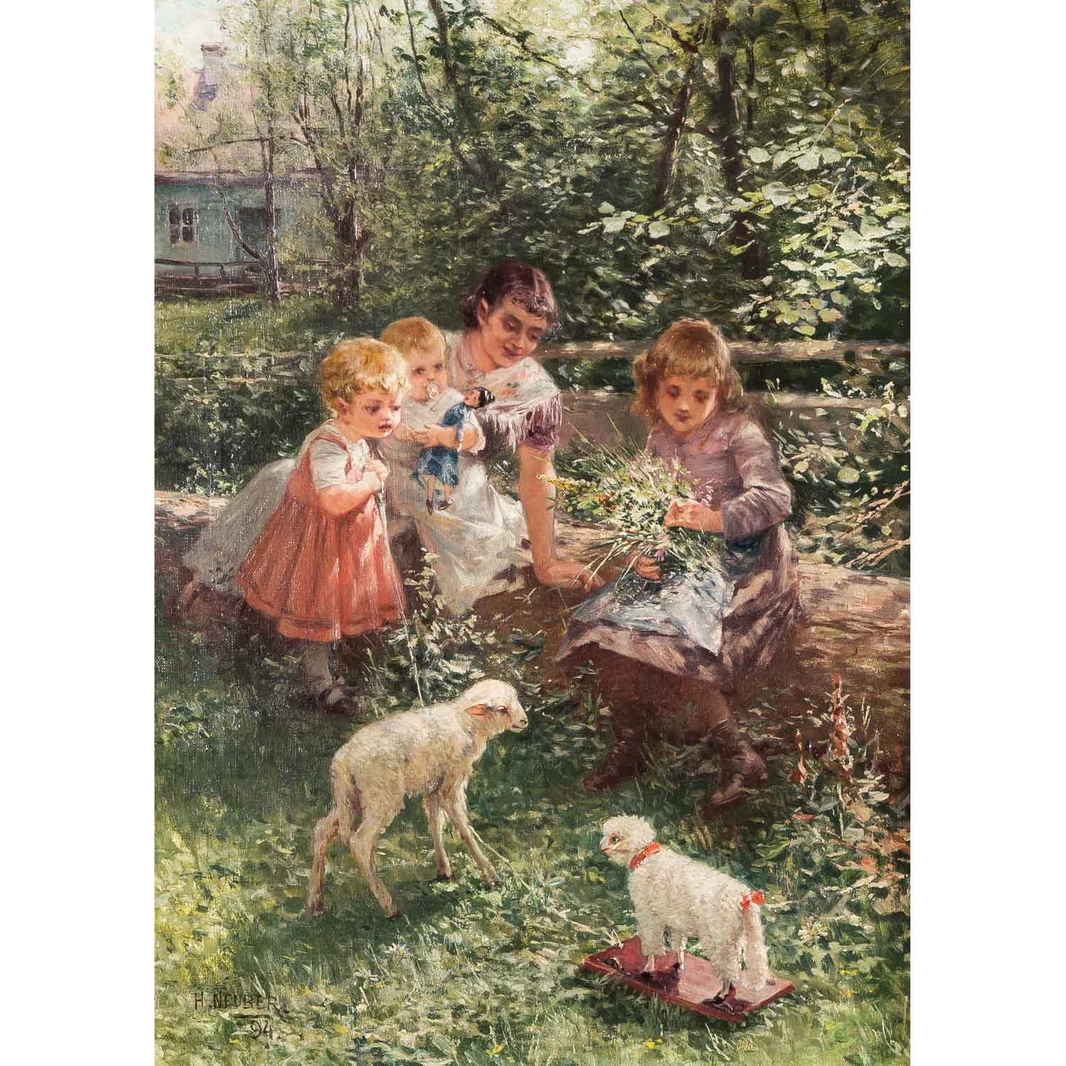 Hermann Neuber | Children playing with lamb | MutualArt